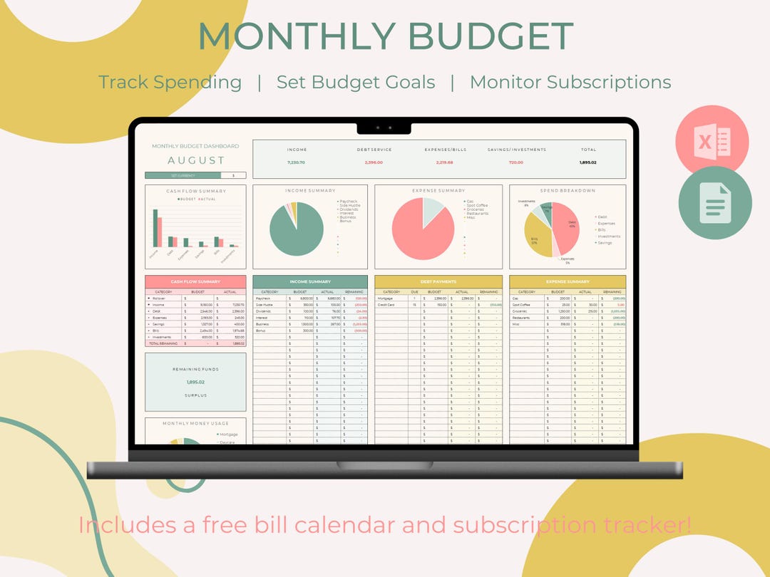 Budget Planner for Excel, Budget Planner for Google Sheets, Monthly ...