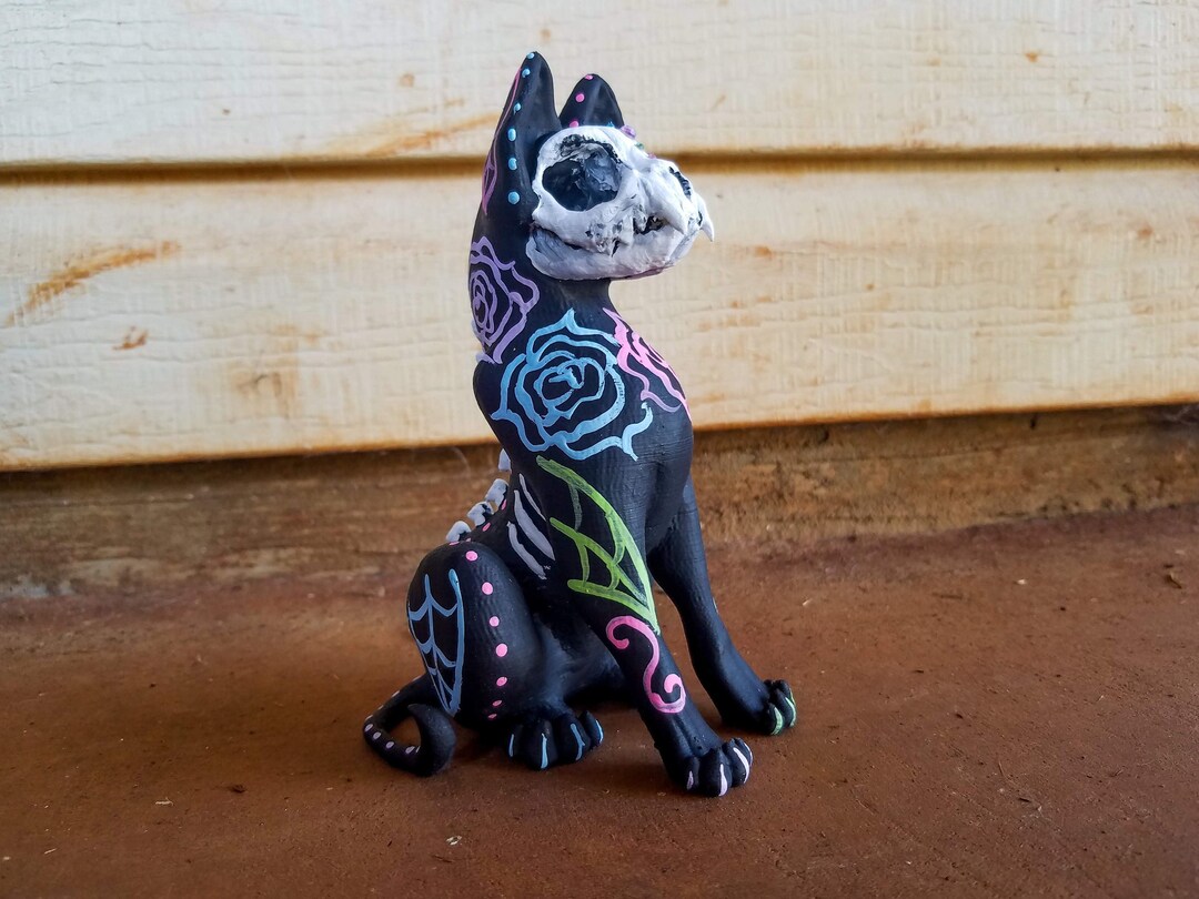 Realistic Sugar Skull Cat Day of the Dead Sculpture Figurine Hand ...