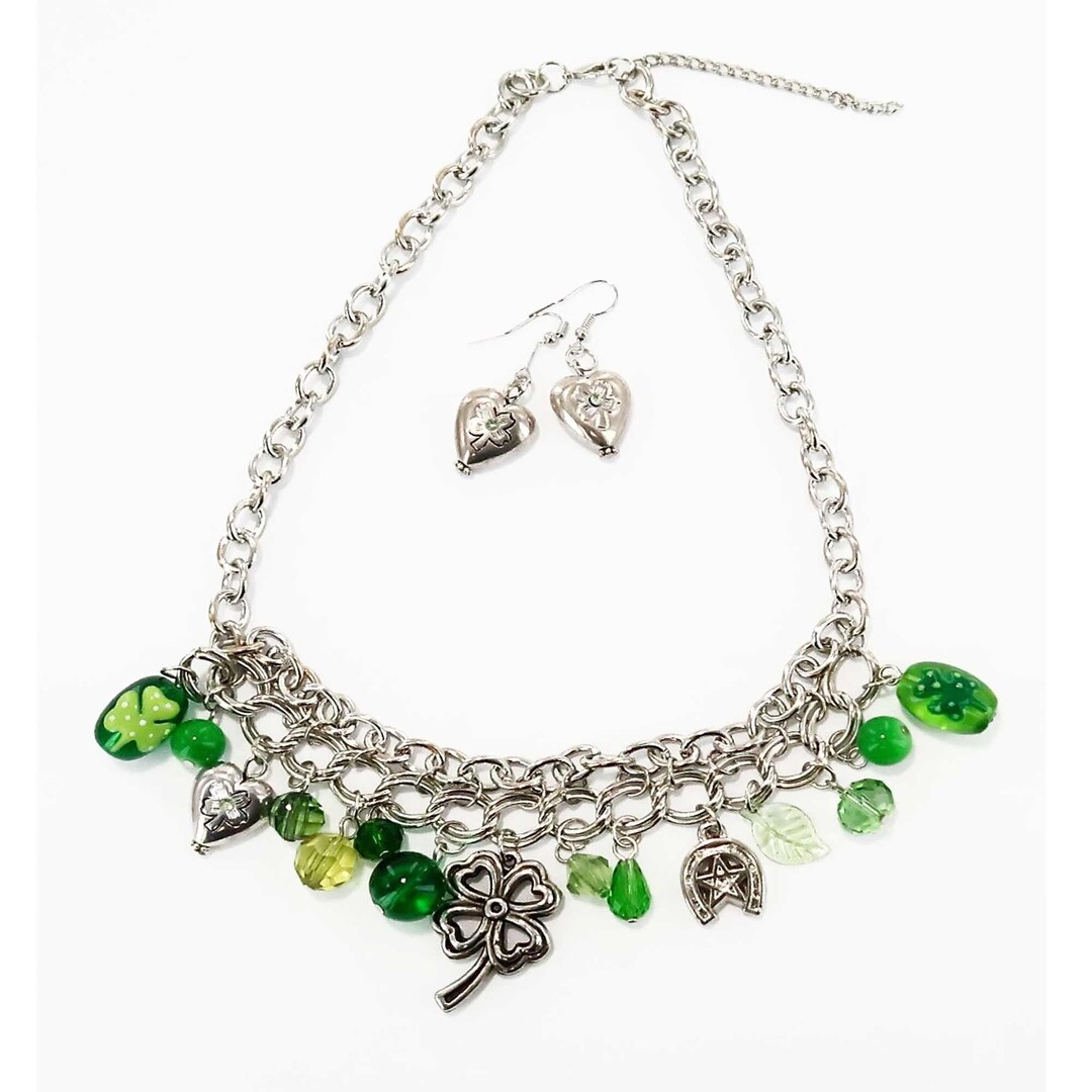 St Patricks Day Necklace Earrings Set for Women, Shamrock Clover Leaf ...