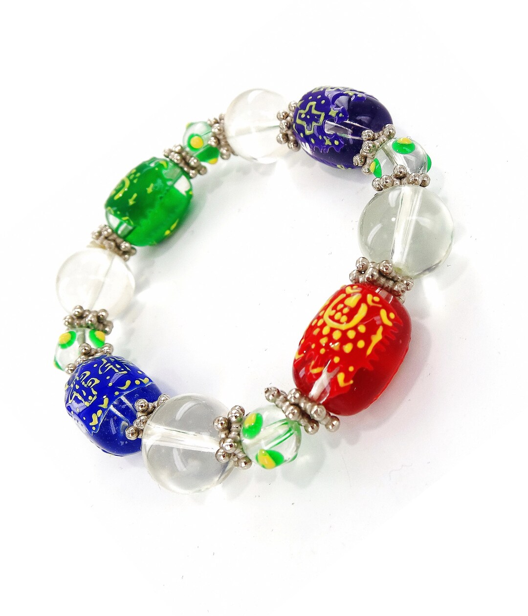 Mexican Tapestry Bracelet, Spanish Hand Painted Glass Beaded Bracelet ...