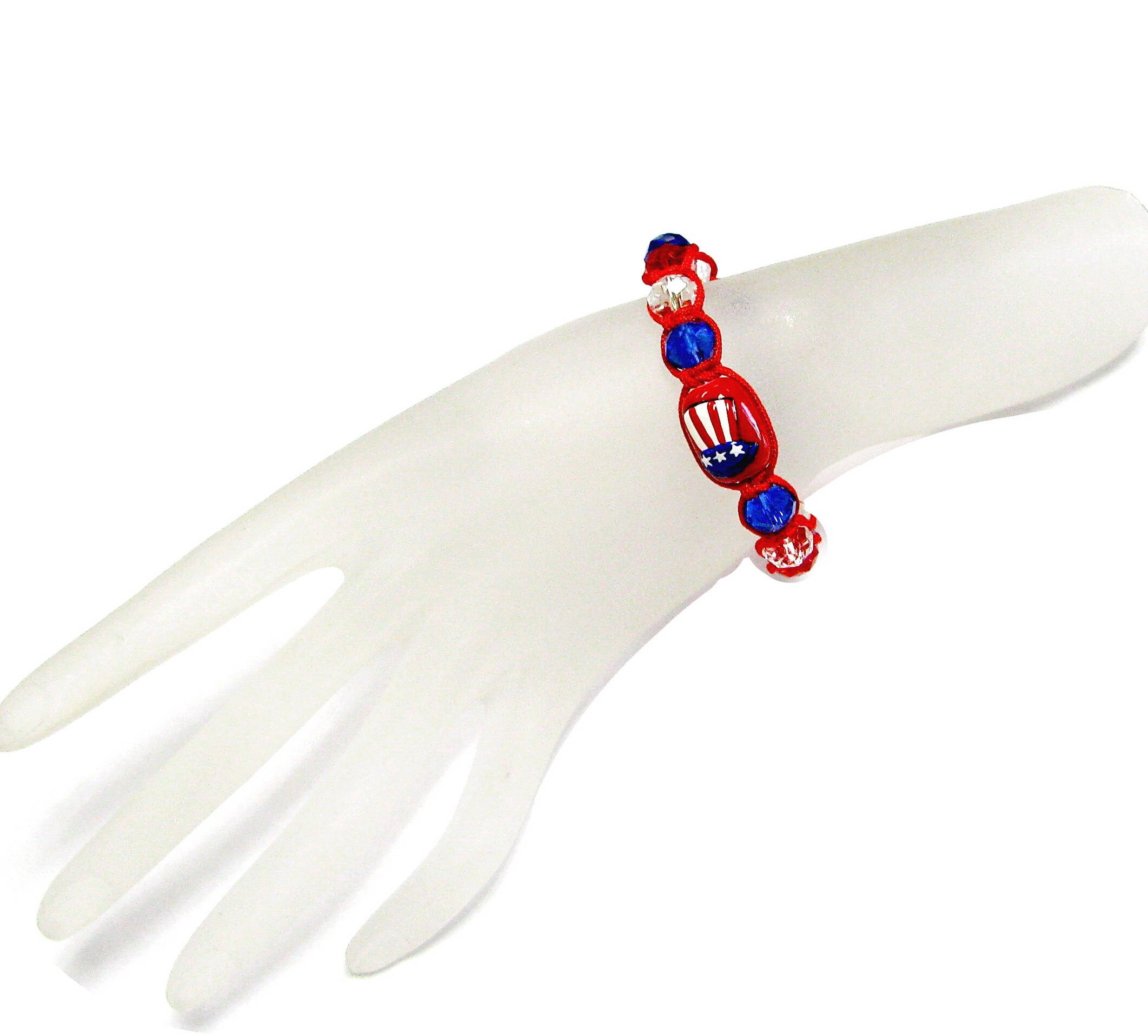 USA Flag Bracelet, Red White Blue America Top Hat Glass Beaded Pull ...