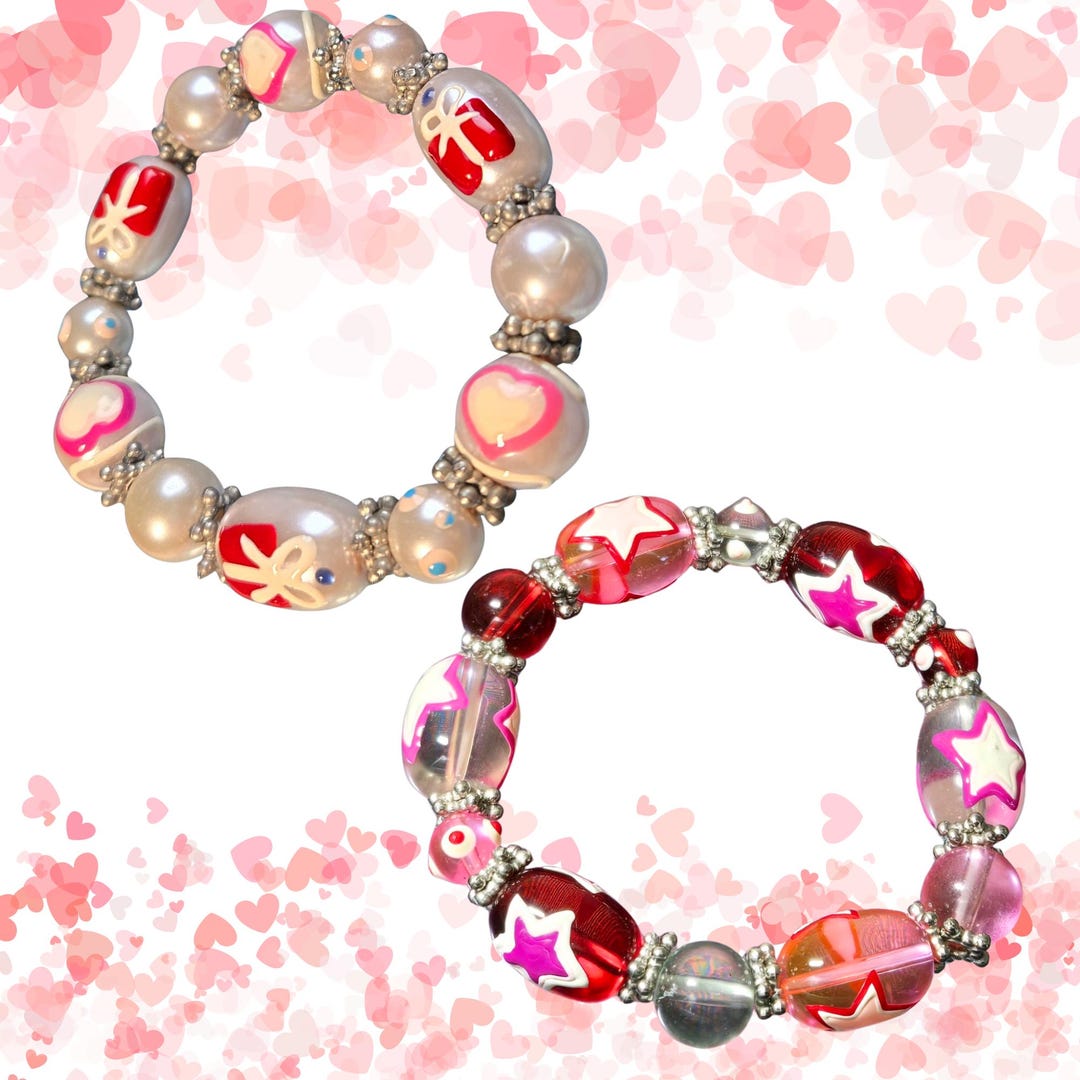 Heart Valentine's Day Bracelet, Stars, Heart Gift Box Glass Beaded ...