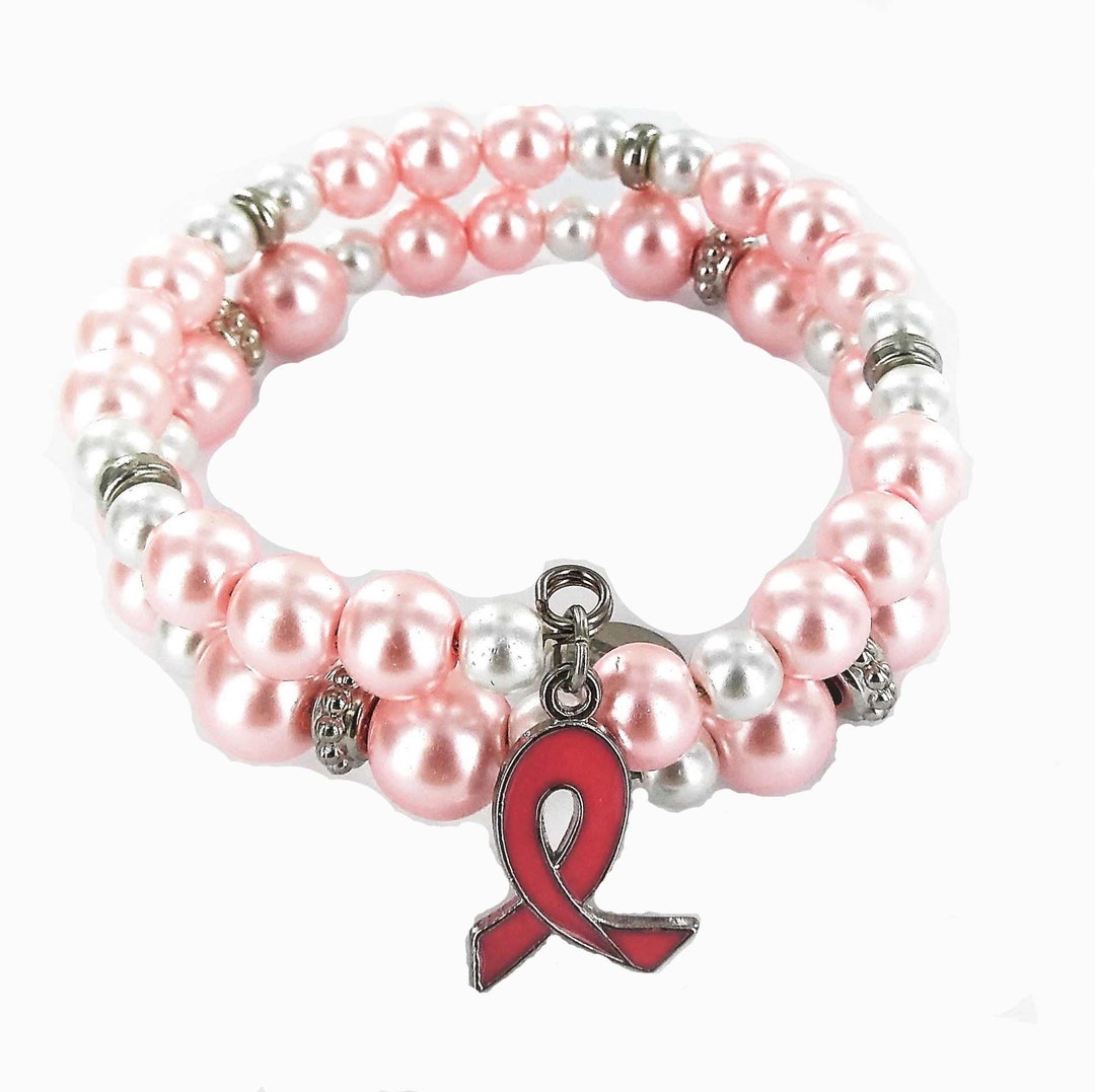 Pink Ribbon Bracelet - Breast Cancer Awareness Glass Pearl Beads Coiled ...