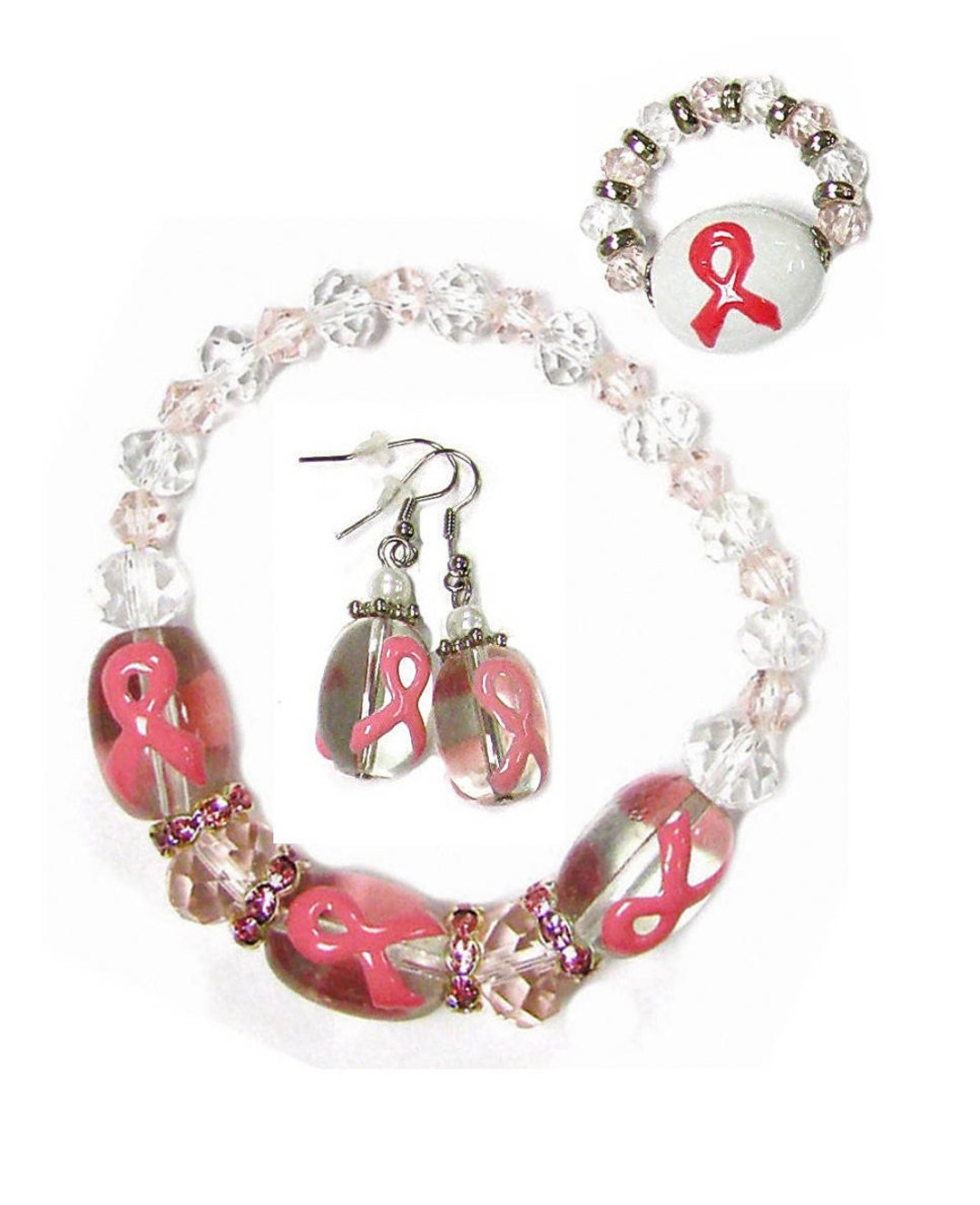 Cancer Awareness Bracelet Pink Ribbon Glass Beaded Jewelry Set Gift for ...