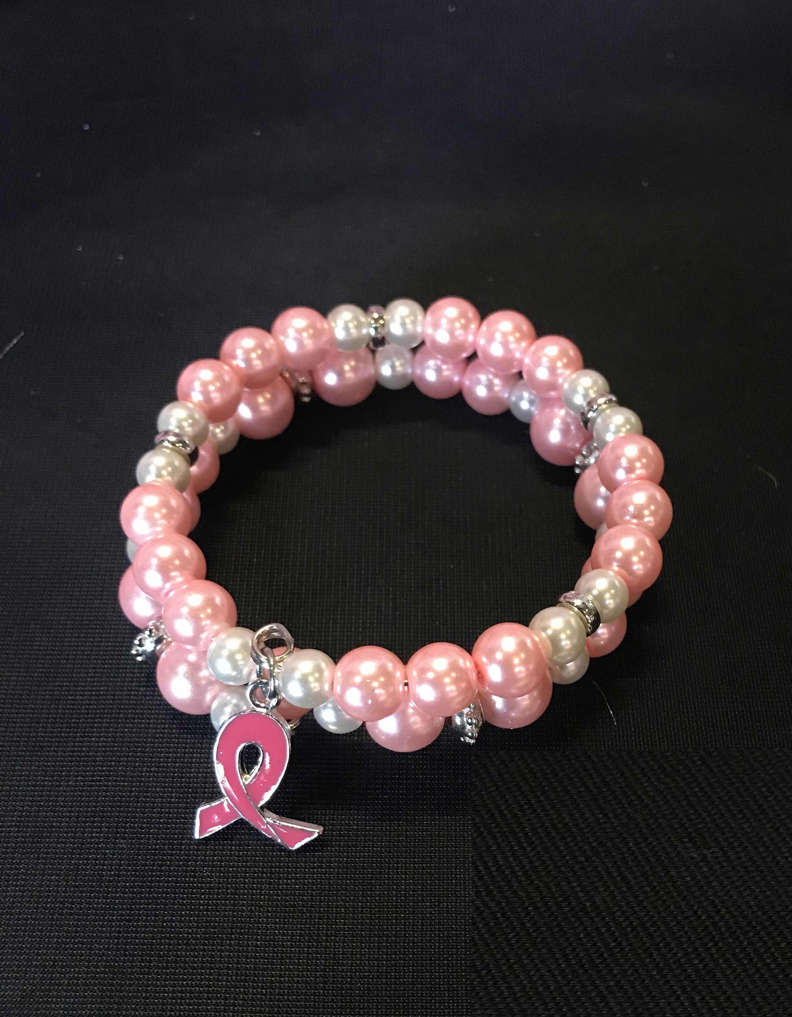 Pink Ribbon Bracelet - Breast Cancer Awareness Glass Pearl Beads Coiled ...