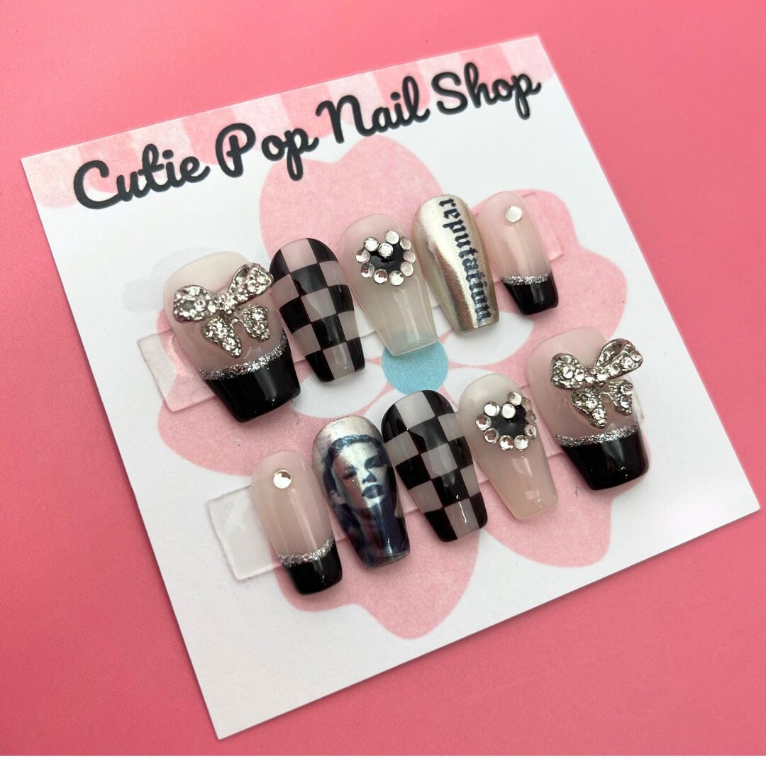 Taylor Inspired Press-on Nails Reputation Era Checkered Design With ...