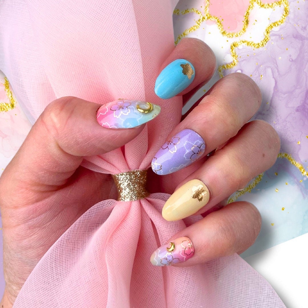 Fairy Kei Nail Wraps| Japanese Sakura| Rainbow Ombre |anime Nail Strips ...