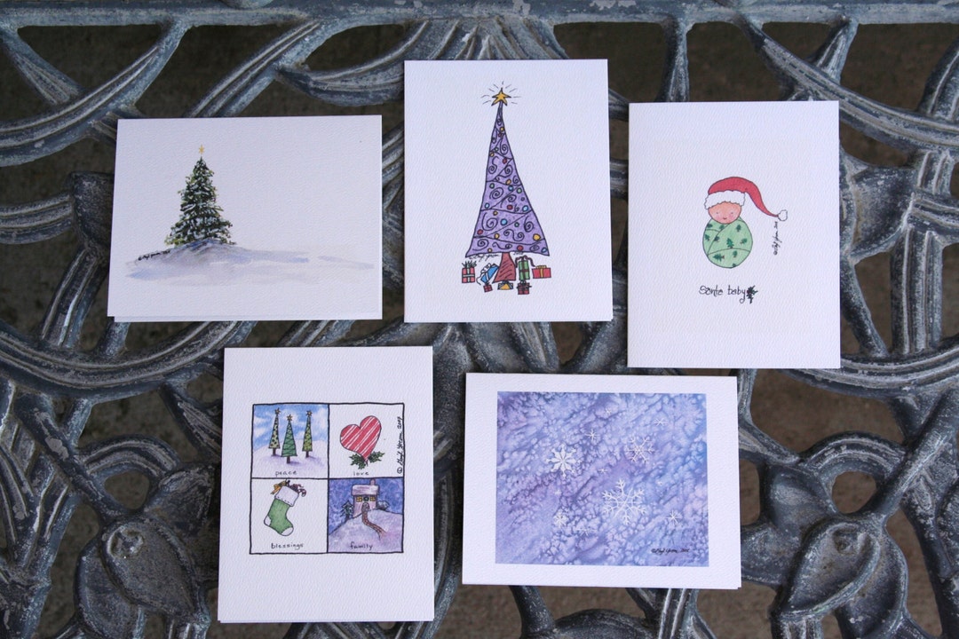 Set of 5 Variety Christmas Cards Watercolor Fun Blank Inside - Etsy