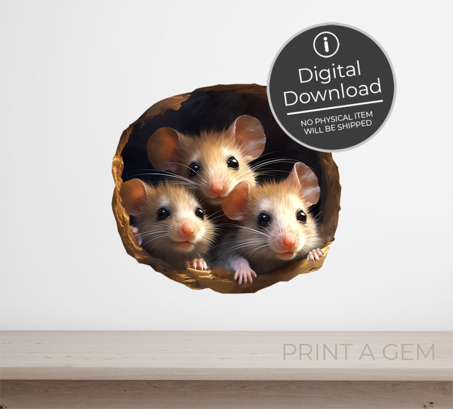 Printable Sticker DIY Mice Peeking Out of Hole Wall Decal Peekaboo ...