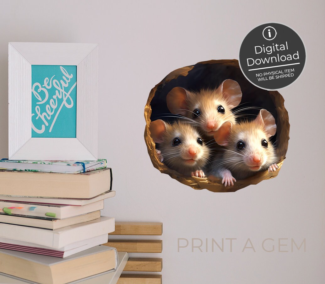 Printable Sticker DIY Mice Peeking Out of Hole Wall Decal Peekaboo ...