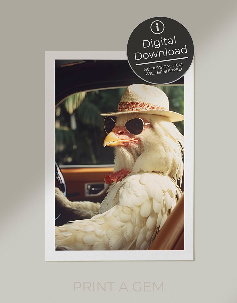 Chicken in Hat Driving Car Poster Vintage Instant Download Mans Cave ...