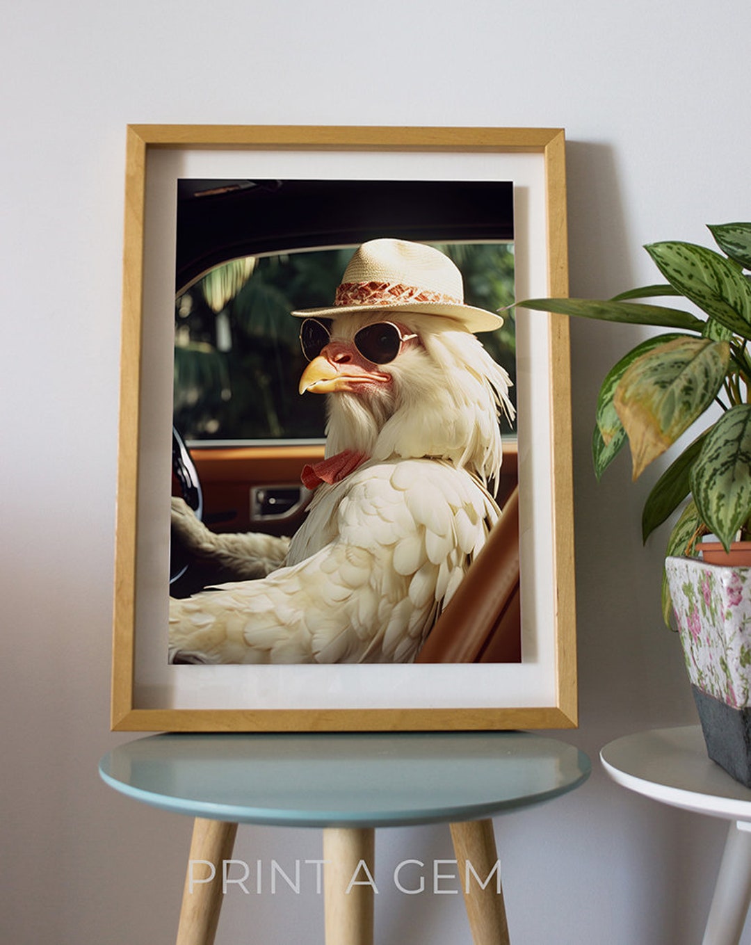 Chicken in Hat Driving Car Poster Vintage Instant Download Mans Cave ...