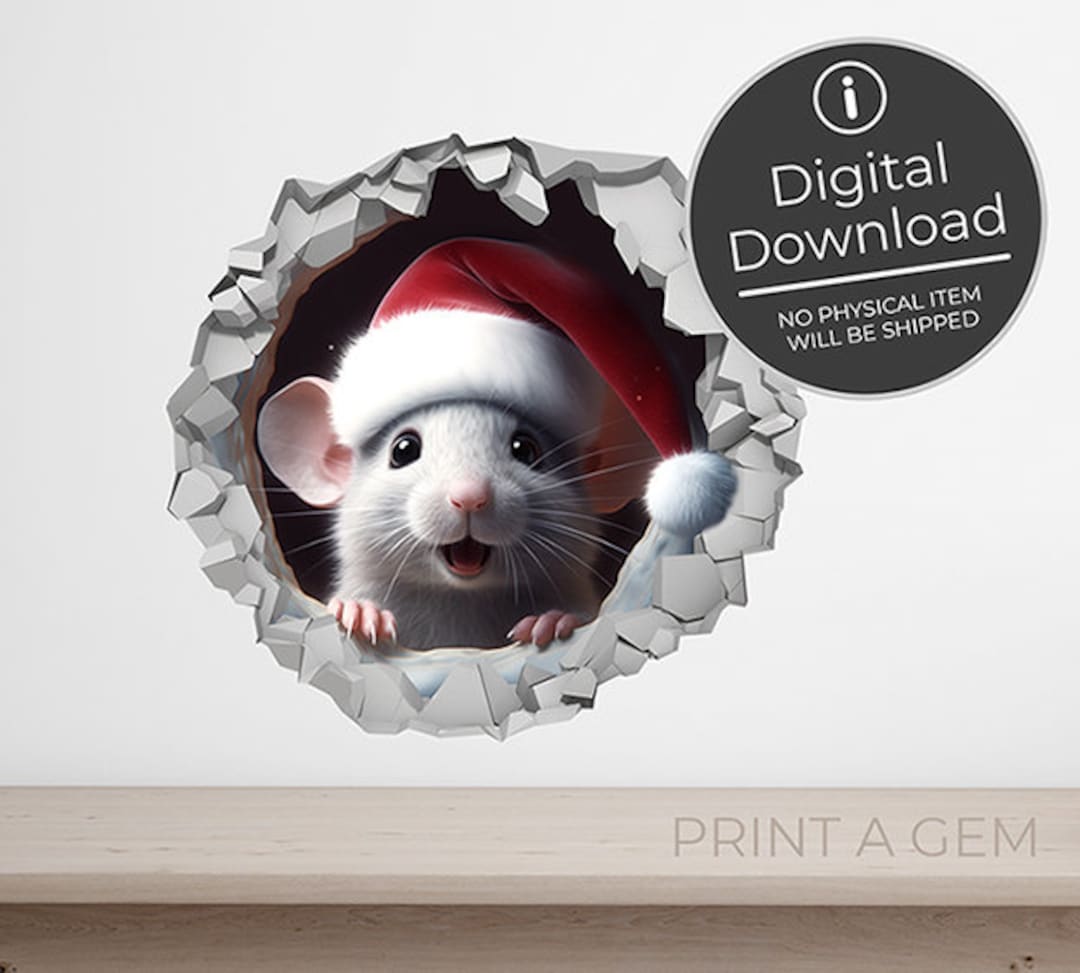 Santa Mouse in Hole Sticker Instant Download DIY Printable Decal 3d ...