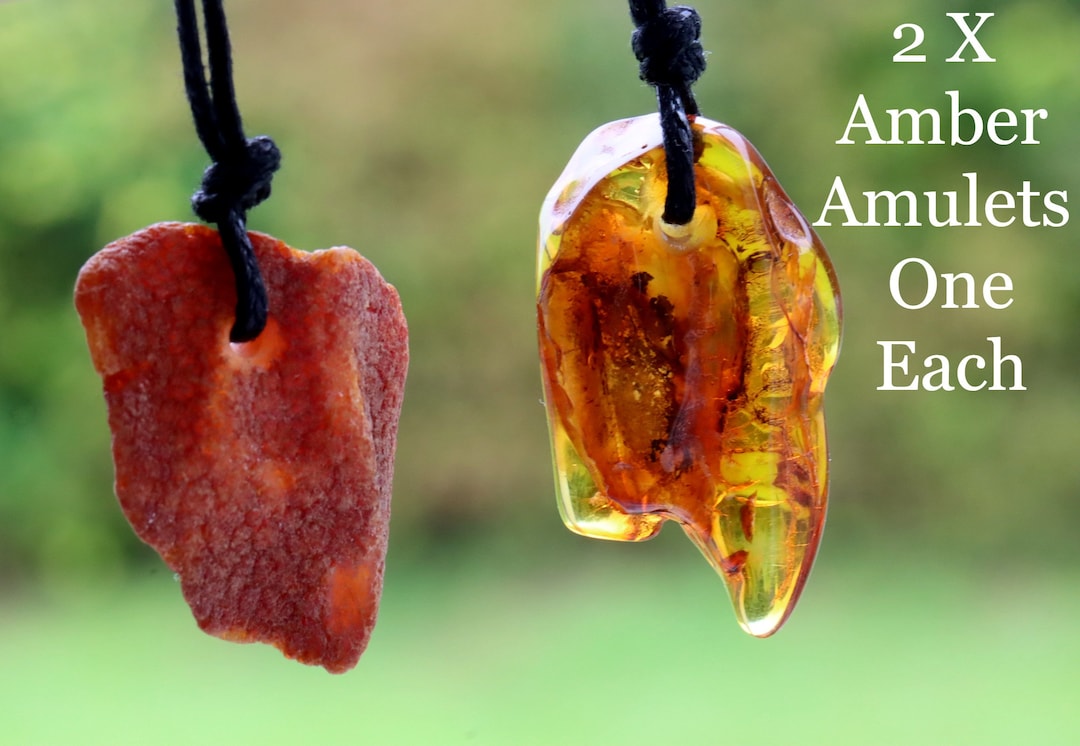 2 X Amber Amulets One Raw and One Polished / Gem Amulet on Adjustable Cord Eco Amber Jewelry ...