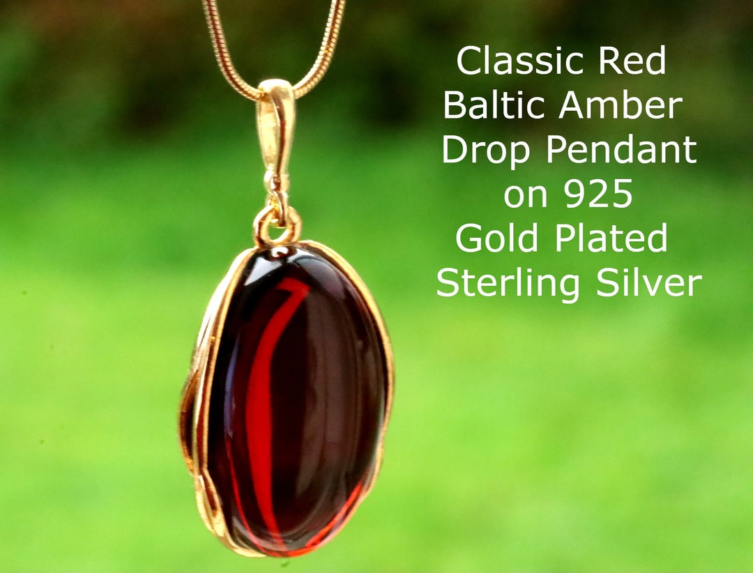 Exclusive Classic Red Baltic Amber Drop Pendant on 925 Gold Plated ...