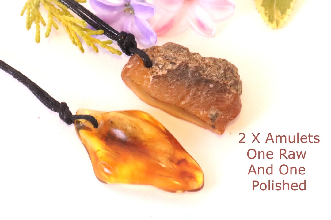 Pair to Share | Handmade Baltic Amber Amulets – One Raw, One Polished | Adjustable Cord ...
