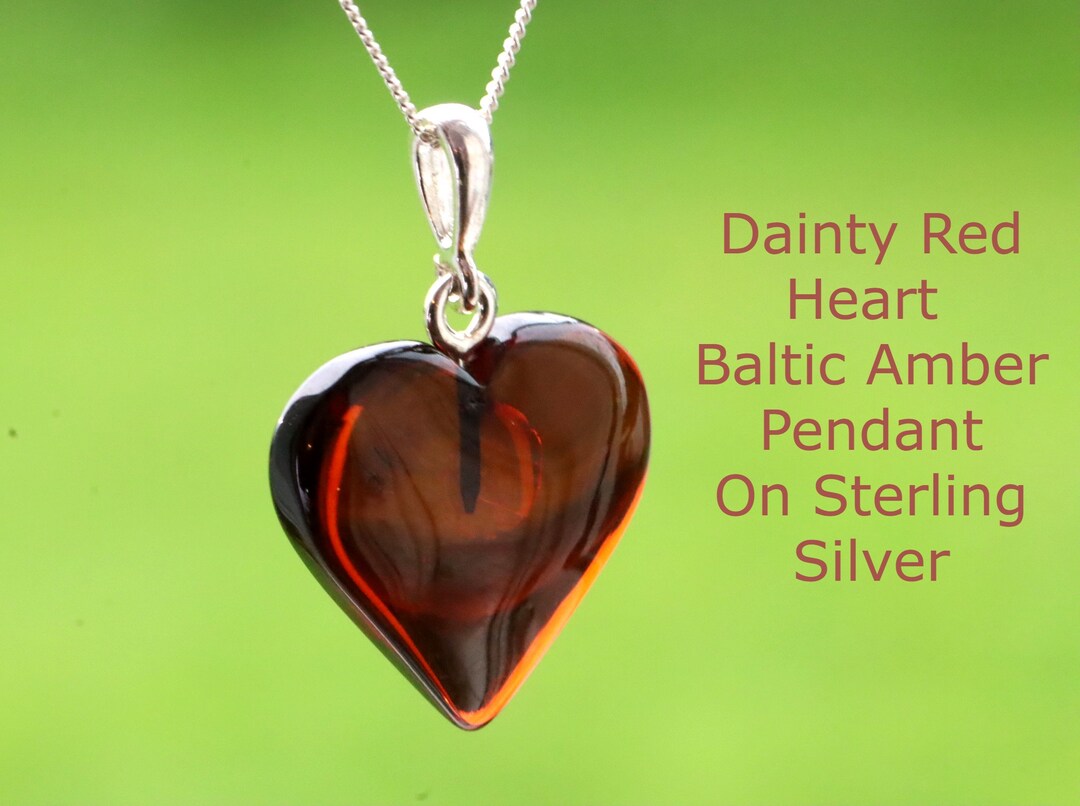 Heart Baltic Amber Pendant / Red Color Gemstone / 925 Sterling Silver ...