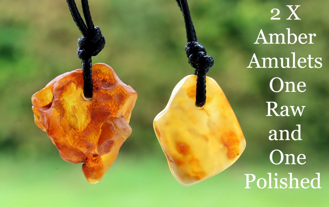 2 X Amber Amulets One Raw and One Polished / Gemstone Amulets on Adjustable Cord Lucky Eco Amber ...