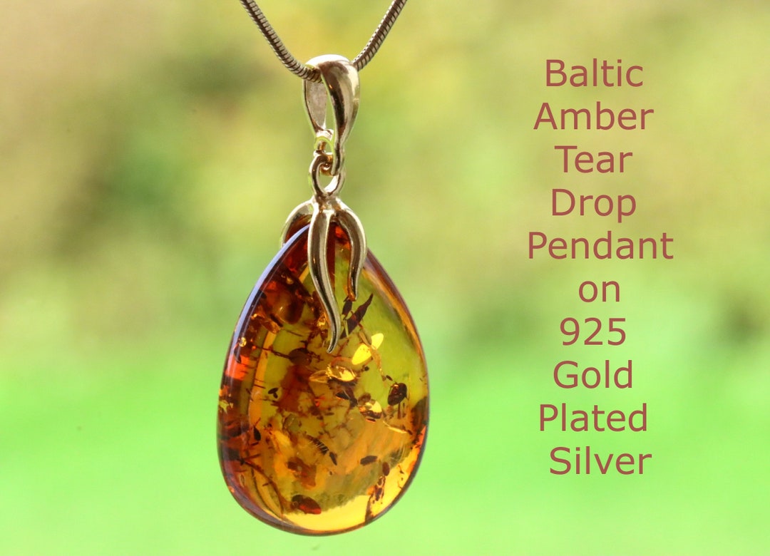 Baltic Amber Tear Drop Pendant on 925 Gold Plated Silver / Amber ...