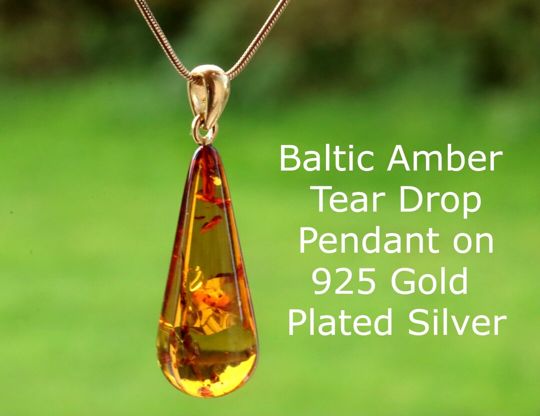 Amber Tear Drop Pendant on 925 Gold Plated Silver / Real Amber Gem With ...