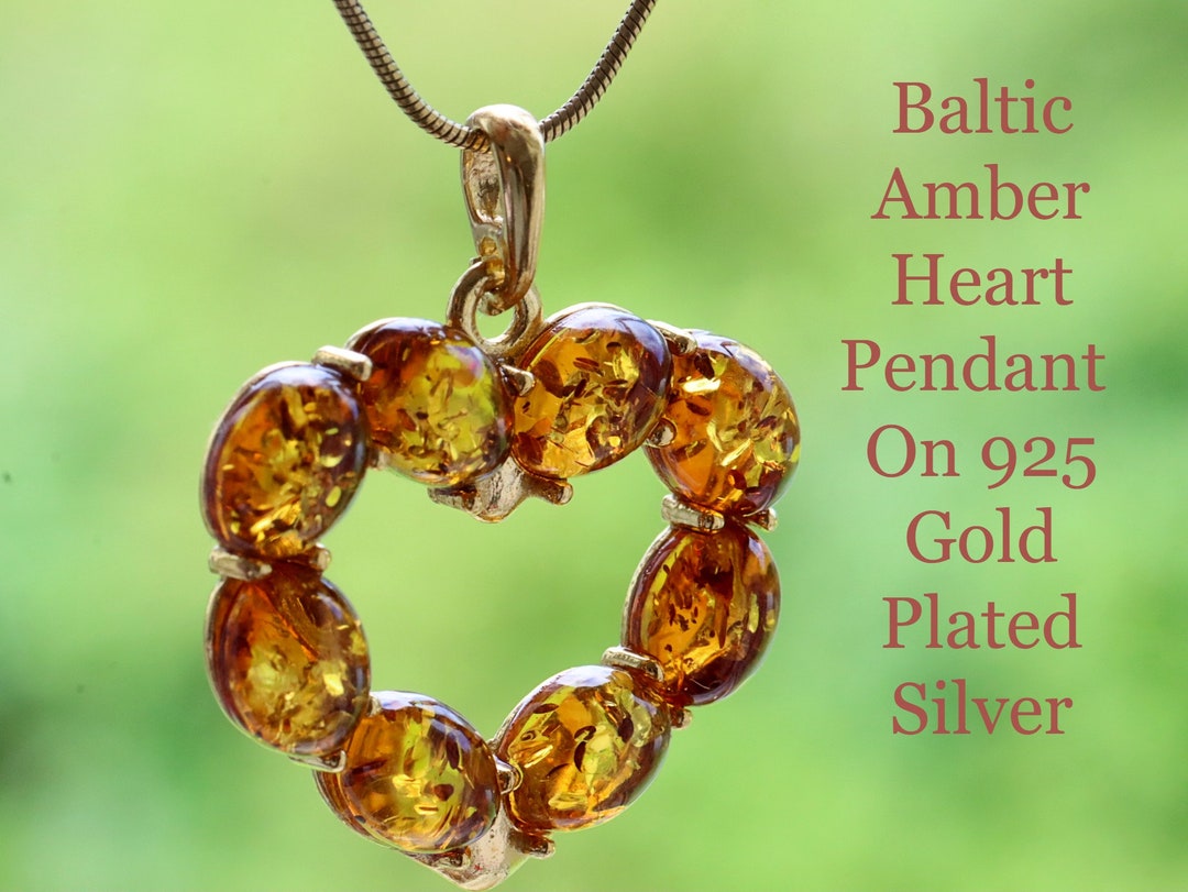 Gold Plated Sterling Silver Amber Heart Pendant / Amber Gemstone ...