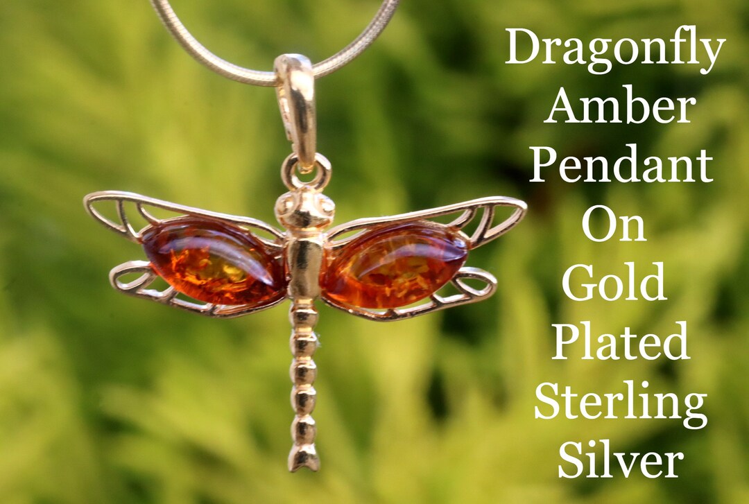 Gold Dragonfly Amber Pendant / Gold-plated Sterling Silver | Amber ...
