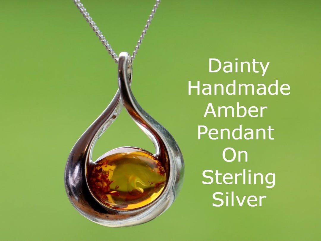 Classic Tiny Drop Honey Amber Pendant / Sterling Silver Amber Gemstone ...