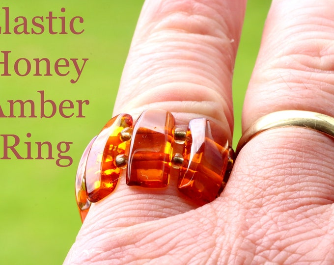 Elastic Honey Amber Ring / Beaded Ring, Baltic Amber Ring, Gemstone ...