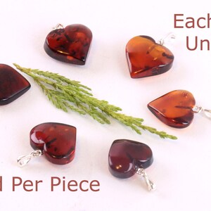 Heart Baltic Amber Pendant / Red Color Gemstone / 925 Sterling Silver ...