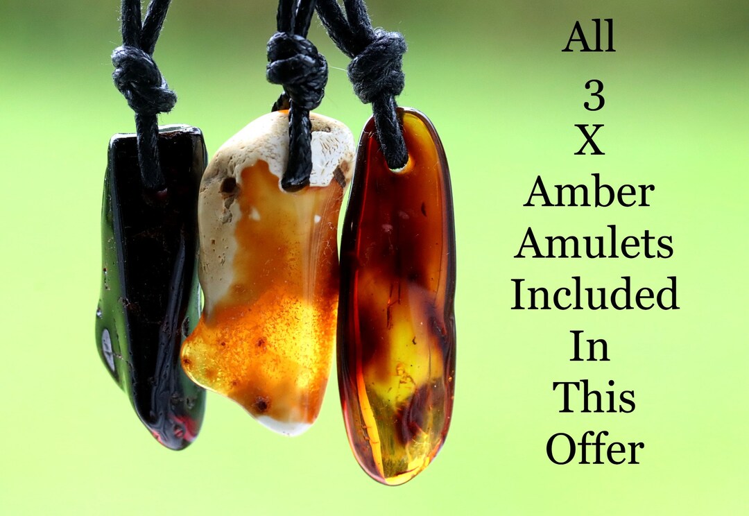 Set of 3 Baltic Amber Amulets – Natural Handmade Pendants on Adjustable Cord – Family Connection ...