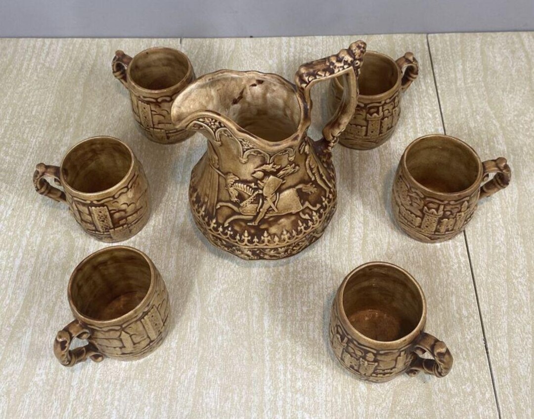 Vintage Alco Pottery Medieval Castles With Knights Jousting Pitcher and ...