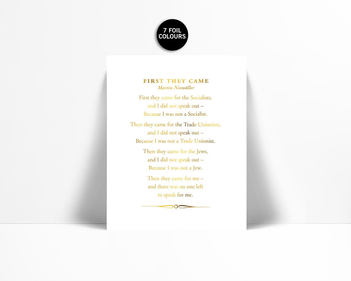 First They Came Poem Gold Foil Art Print - Martin Niemöller Holocaust ...