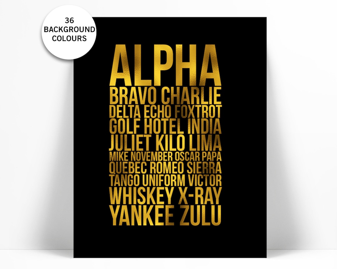 Alpha Bravo Charlie Gold Foil Art Print - Phonetic Alphabet Poster ...