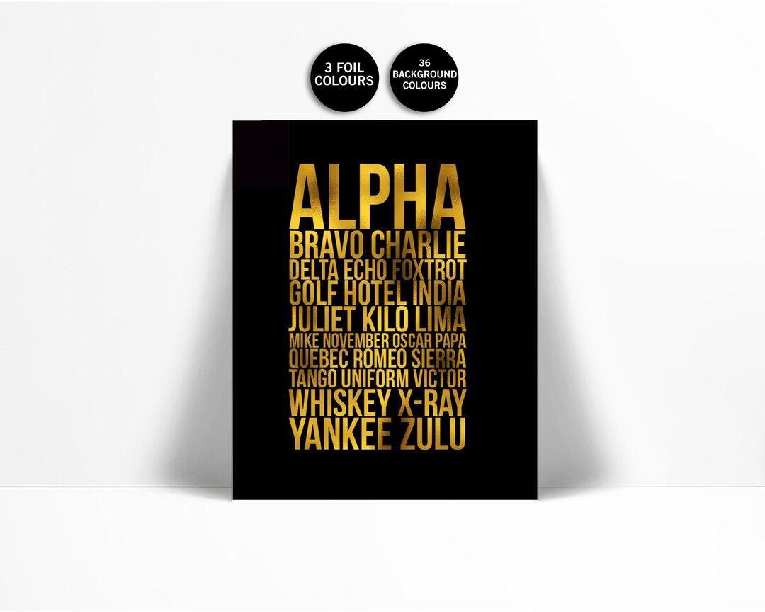 Alpha Bravo Charlie Gold Foil Art Print - Phonetic Alphabet Poster ...