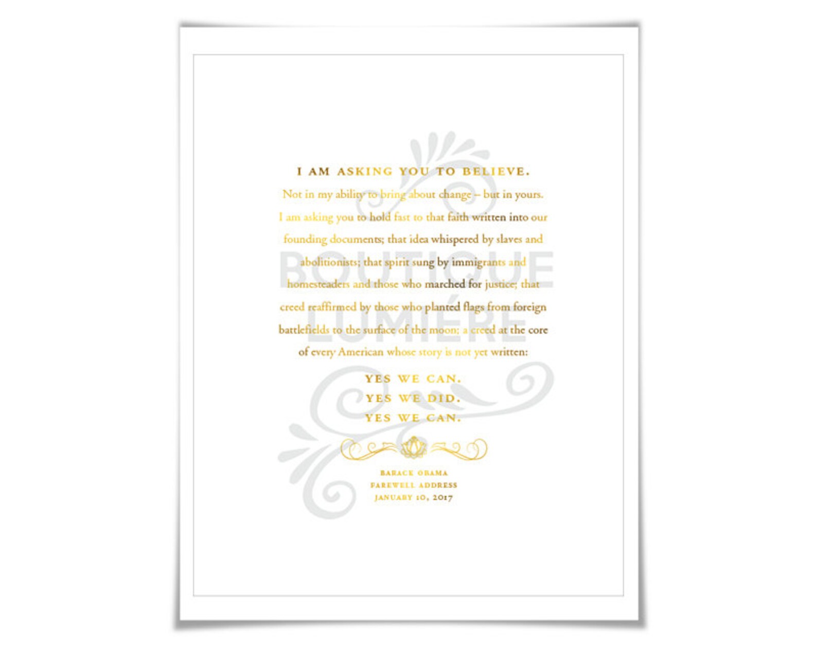 Barack Obama 2017 Farewell Address Speech Gold Foil Art Print