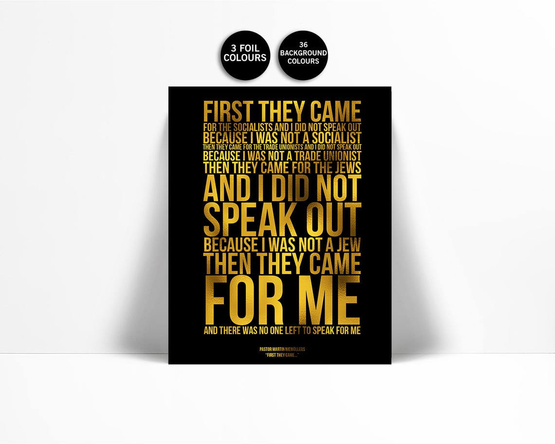 First They Came Poem Gold Foil Art Print - Martin Niemöller Holocaust ...