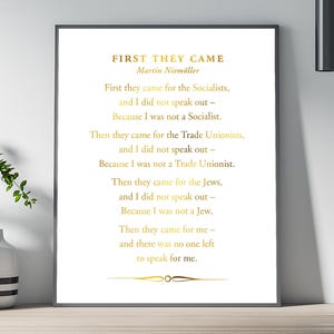 First They Came Poem Gold Foil Art Print - Martin Niemöller Holocaust ...
