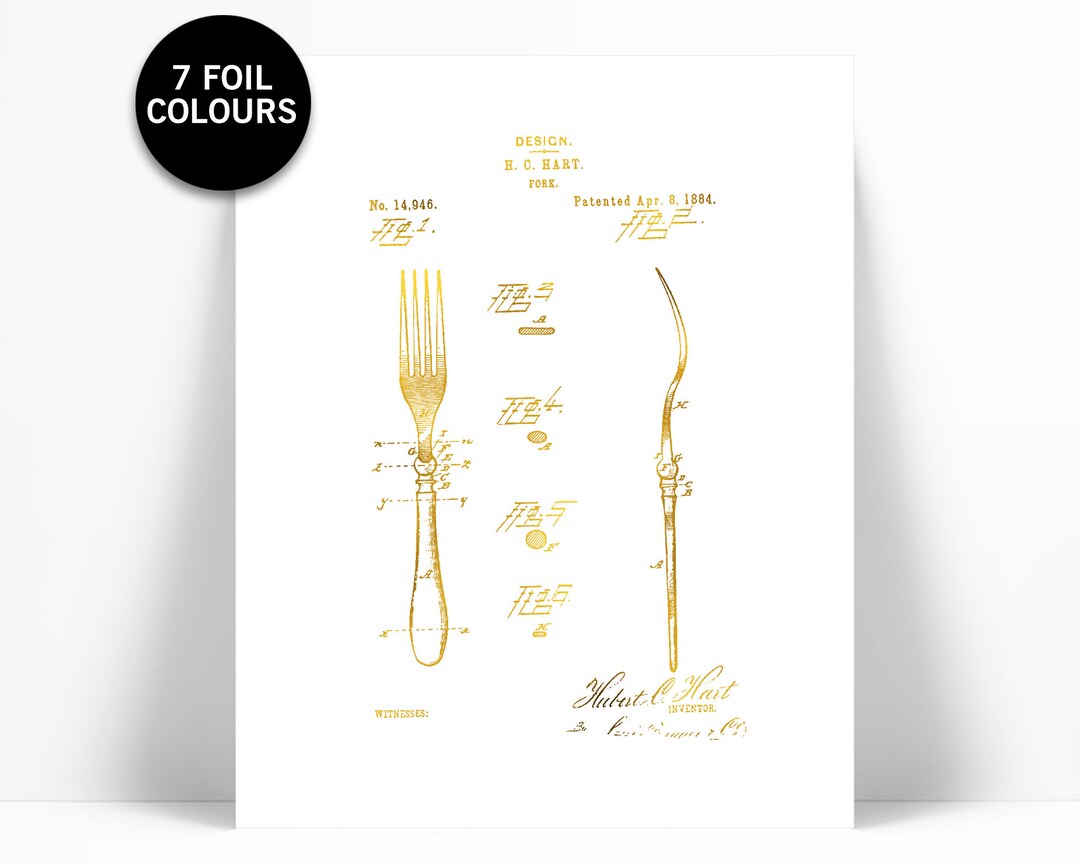 Fork Patent Drawing Gold Foil Art Print - Antique Vintage Fork Poster ...