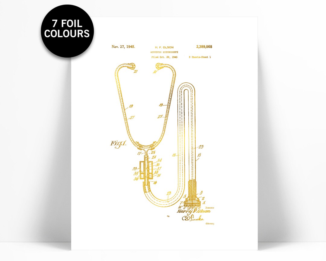 Stethoscope Illustration Gold Foil Patent Art Print - Stethoscope ...