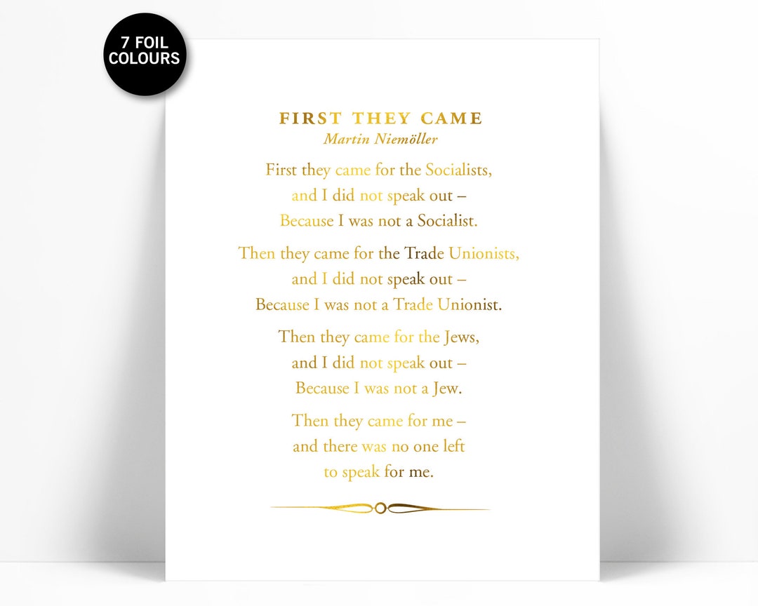 First They Came Poem Gold Foil Art Print - Martin Niemöller Holocaust ...