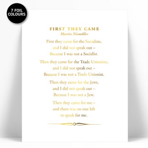 First They Came Poem Gold Foil Art Print - Martin Niemöller Holocaust ...