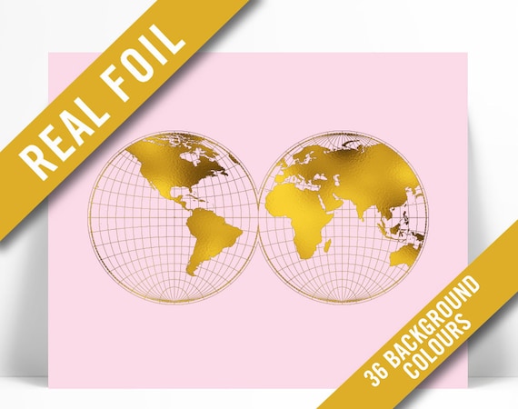 World Map Gold Foil Print Globe Map Art Print Foil Map | Etsy