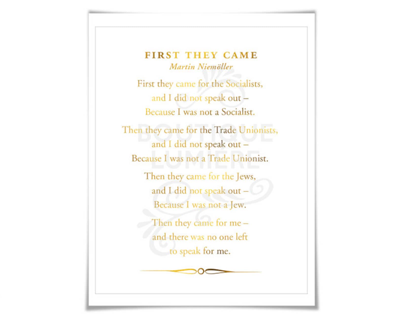 First They Came Poem Gold Foil Art Print Martin Niemöller - Etsy Canada