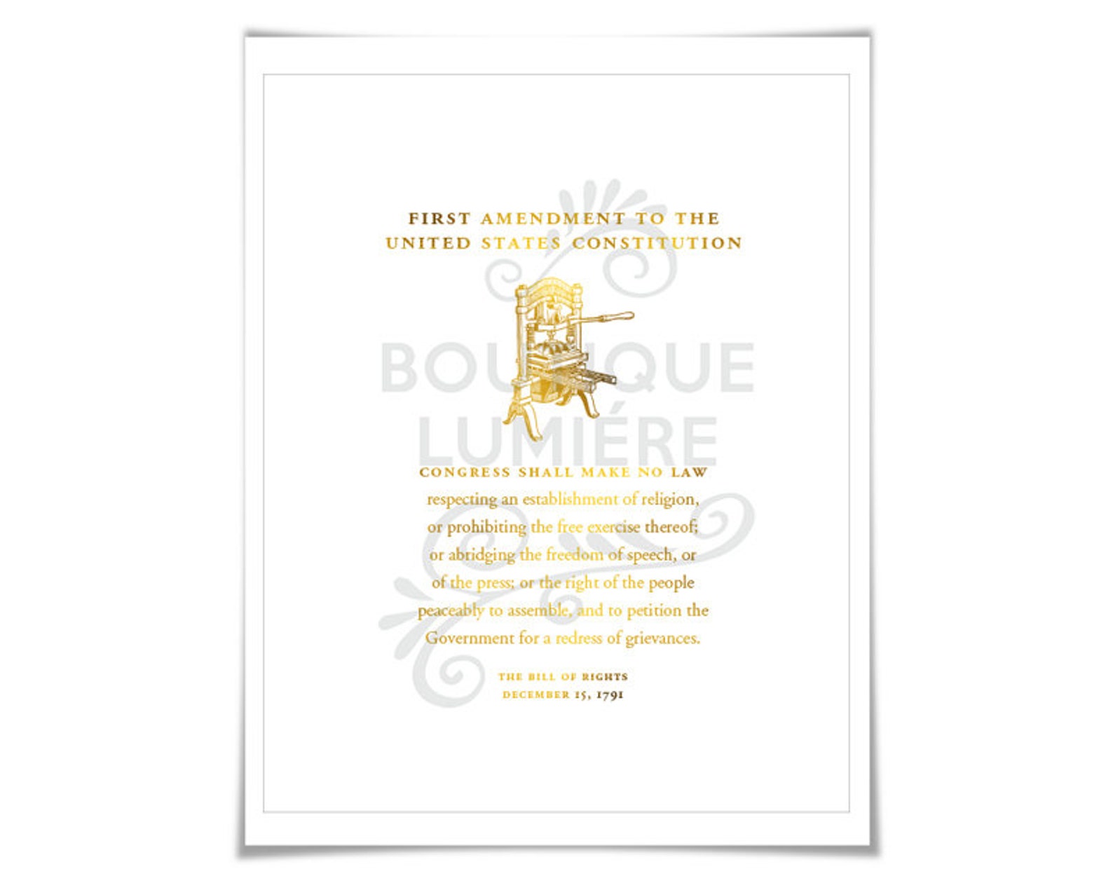 First Amendment US Constitution Bill of Rights Gold Foil Art Print ...