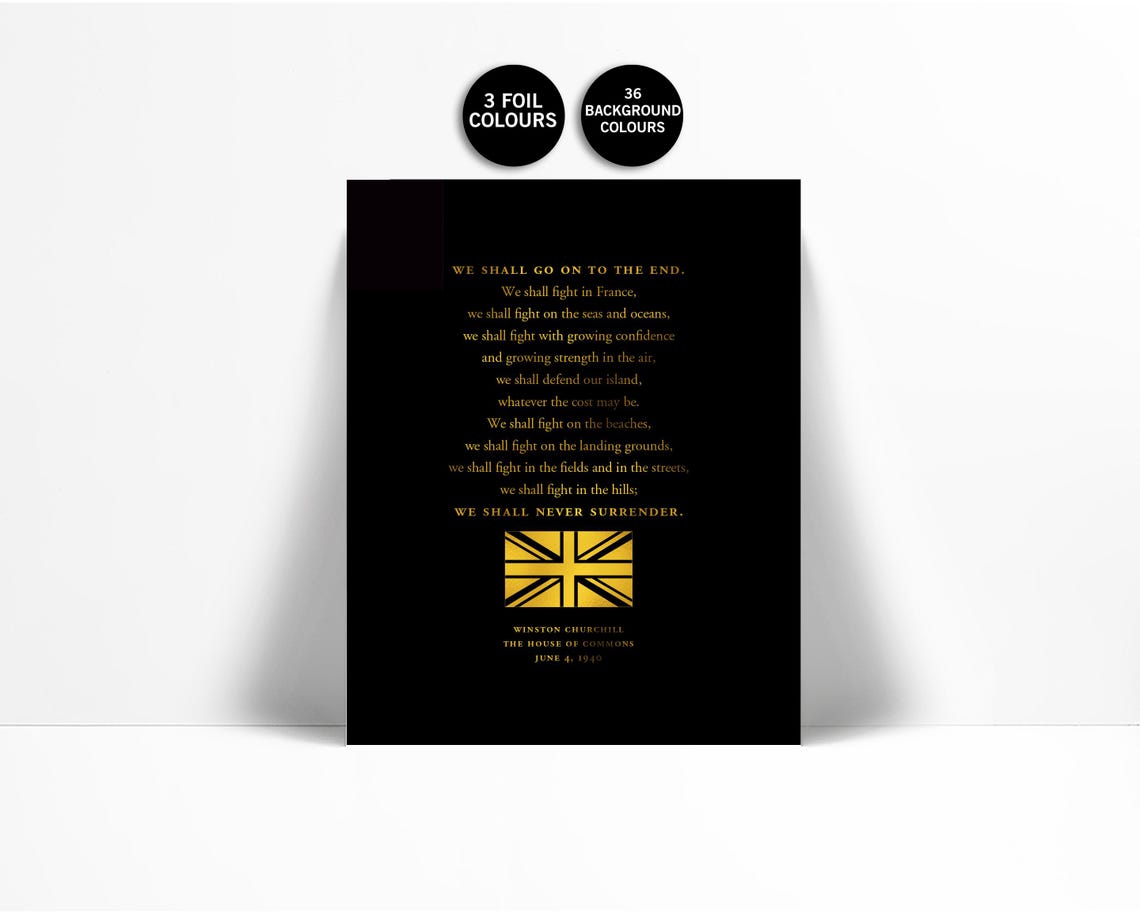 Winston Churchill Gold Foil Art Print - We Shall Fight on the Beaches ...