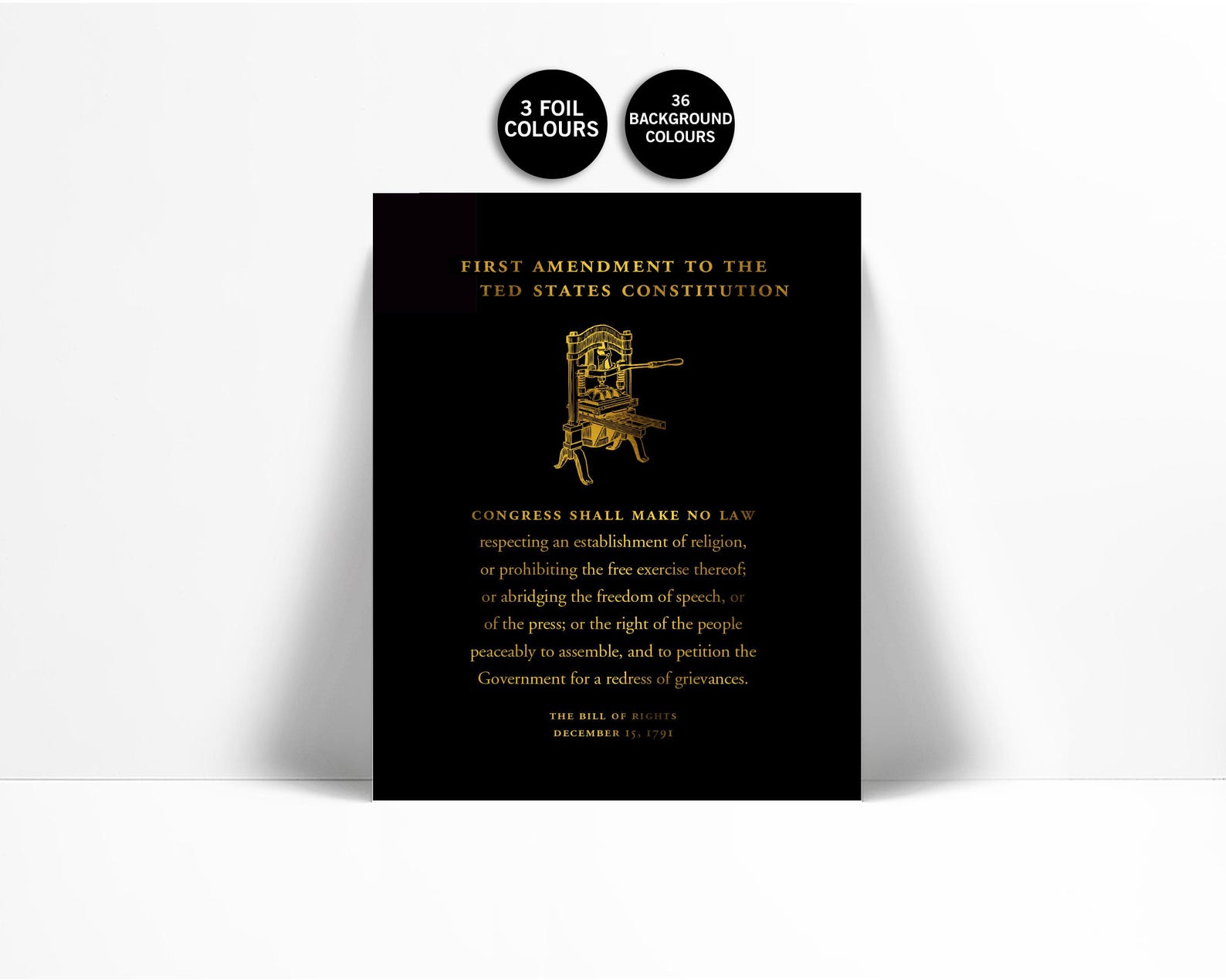 First Amendment US Constitution Bill of Rights Gold Foil Art Print ...