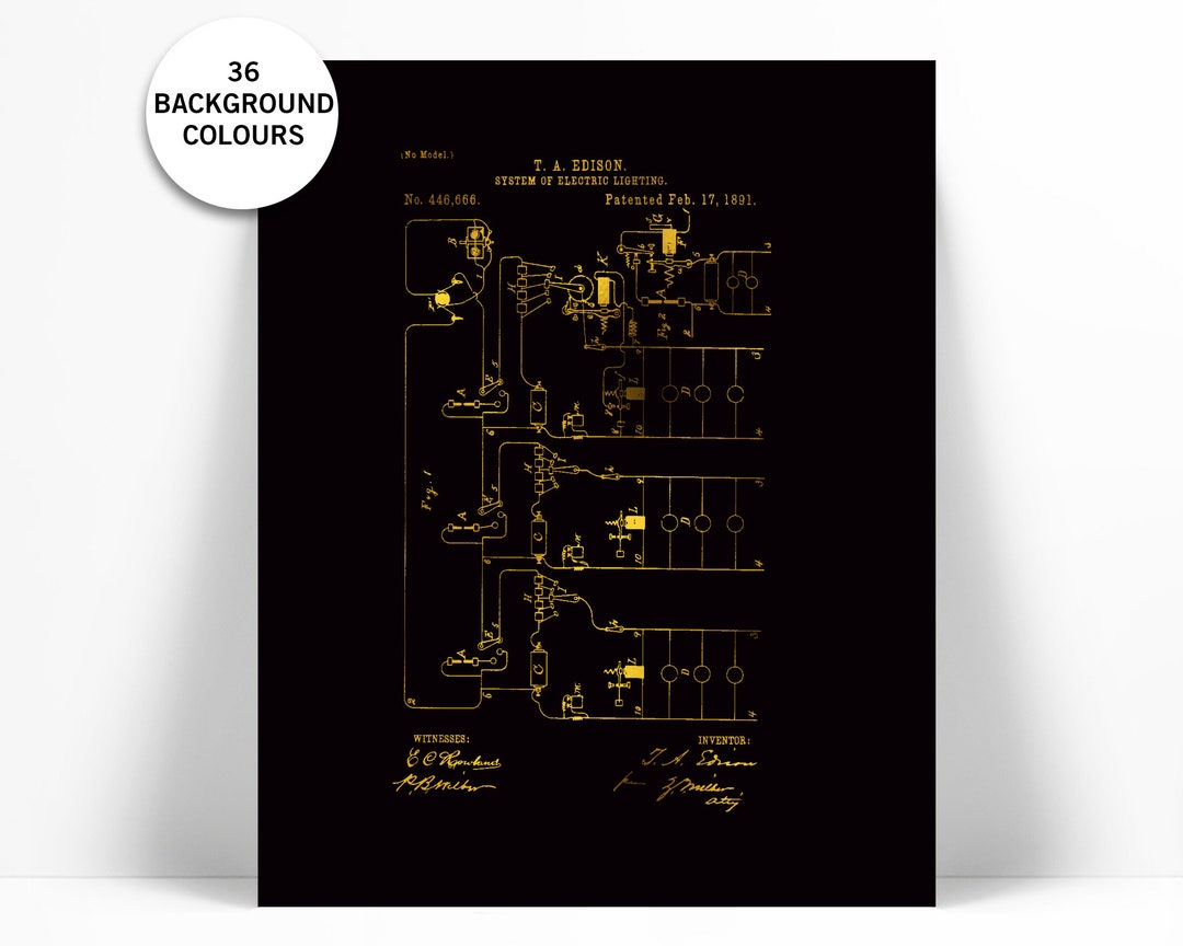 Electric Lighting System Patent Illustration Gold Foil Art Print ...