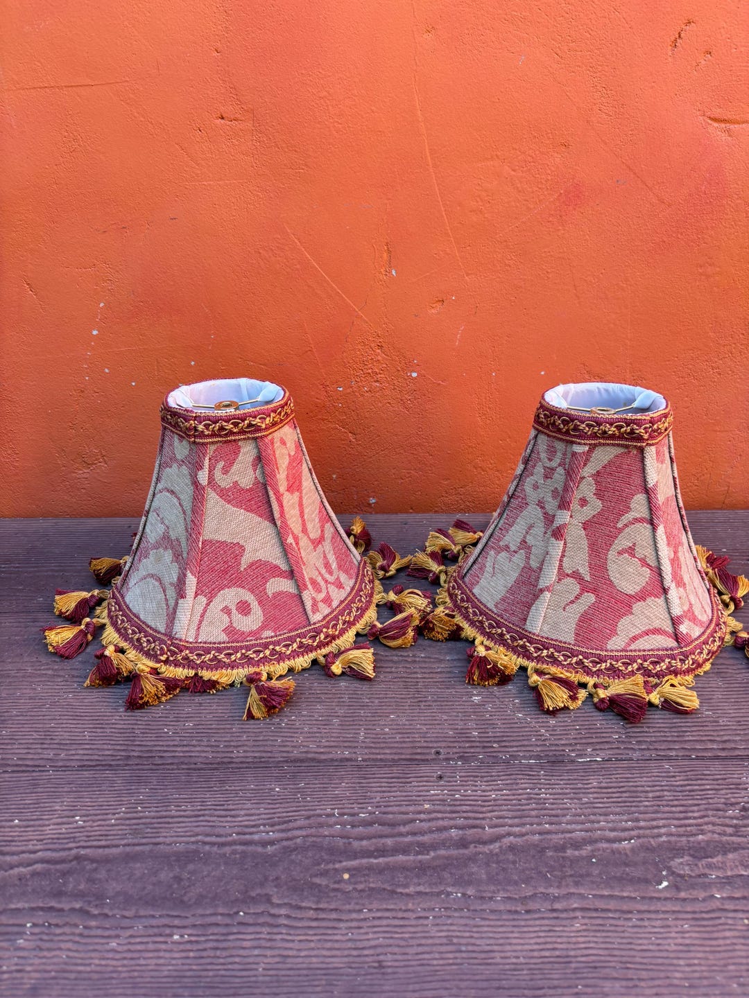 Pair 2 Vintage Tapestry Fabric Lamp Shades + Tassel Trim. Muted Red ...