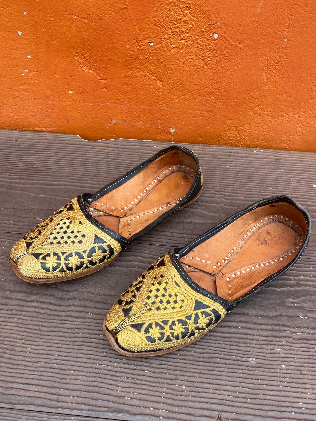 Vintage Ethnic Middle Eastern Men's Black Leather Embroidered Gold ...