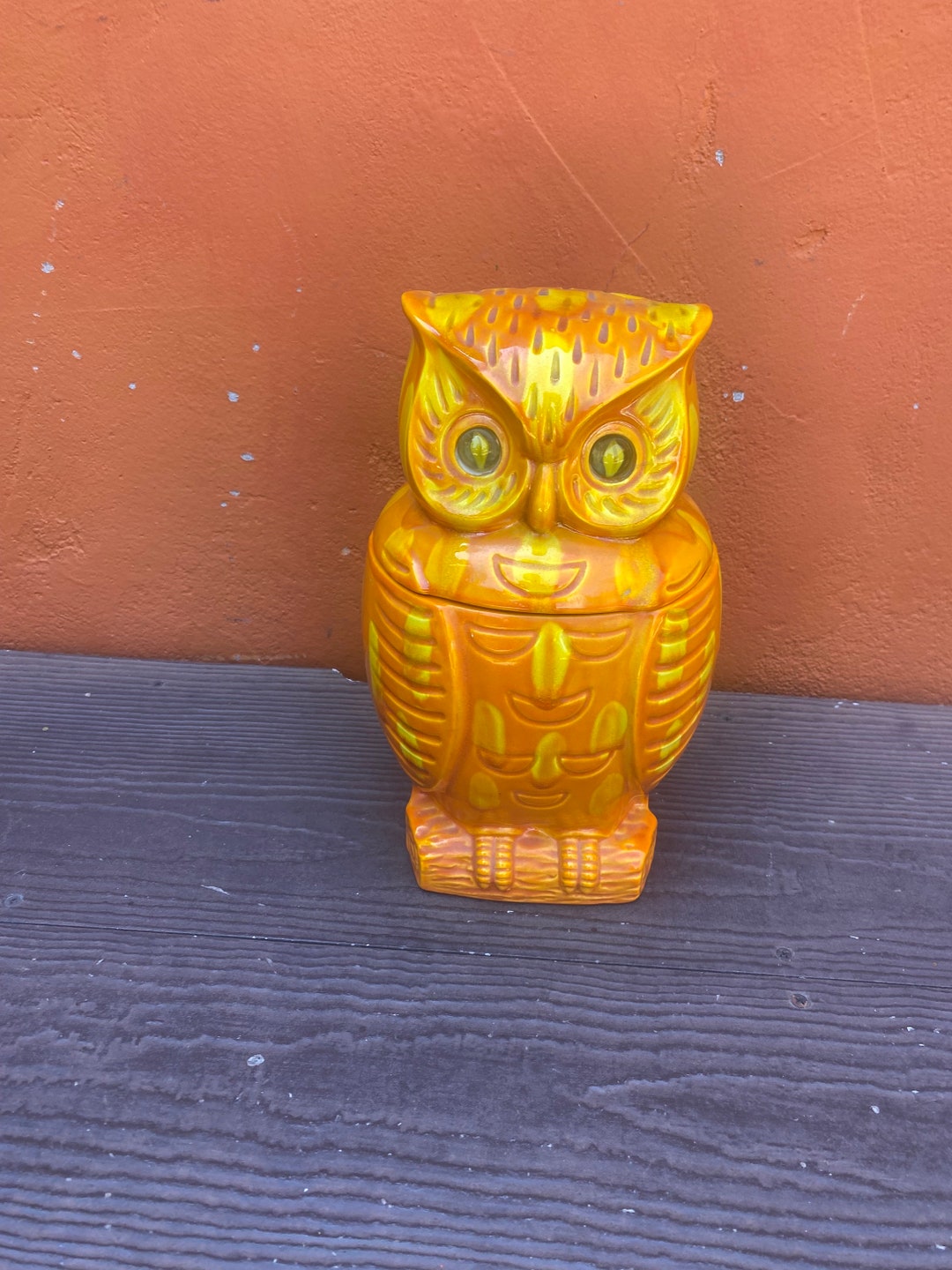 Vintage Owl Cookie Jar Mid Century Mcm Japan Orange Retro Kitchen Glass ...